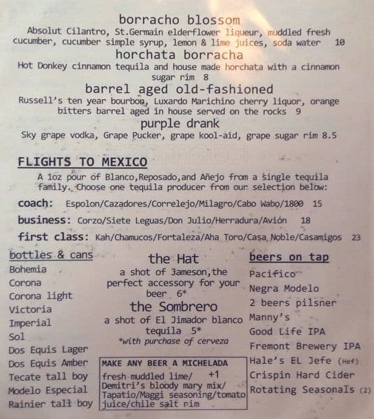 Menu at El Borracho restaurant, Seattle, Leary Ave NW
