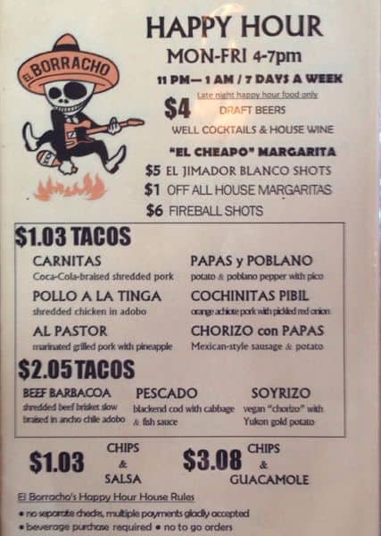 Menu at El Borracho restaurant, Seattle, Leary Ave NW