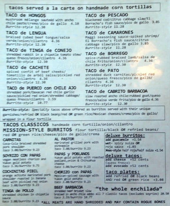 Menu at El Borracho restaurant, Seattle, Leary Ave NW