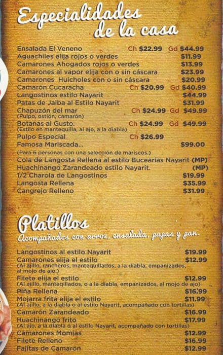 Menu at Mariscos El Veneno restaurant, Chicago, S Pulaski Rd