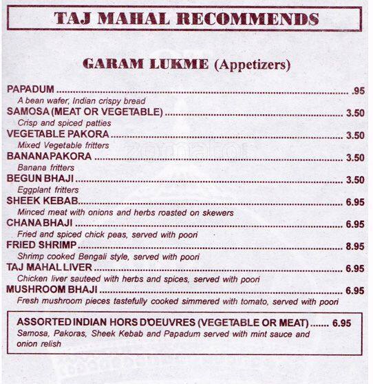 Taj Mahal Indian Restaurant Menu - Urbanspoon/Zomato