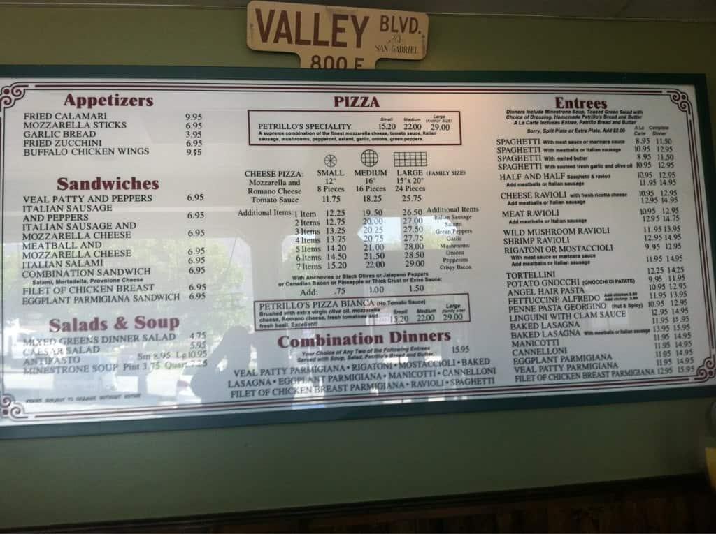Menu at Petrillo's Italian Restaurant, Glendora