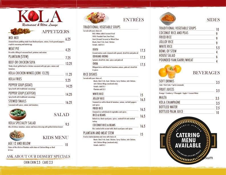 Menu at Kola Restaurant & Ultra Lounge, Farmington Hills
