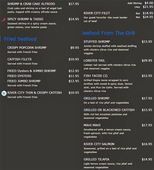 Menu at River City Seafood and Grill steakhouse, San Antonio