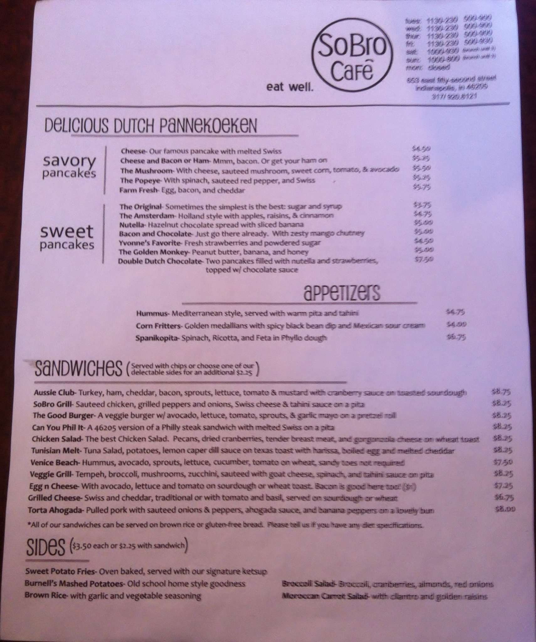 Menu at SoBro Cafe, Indianapolis