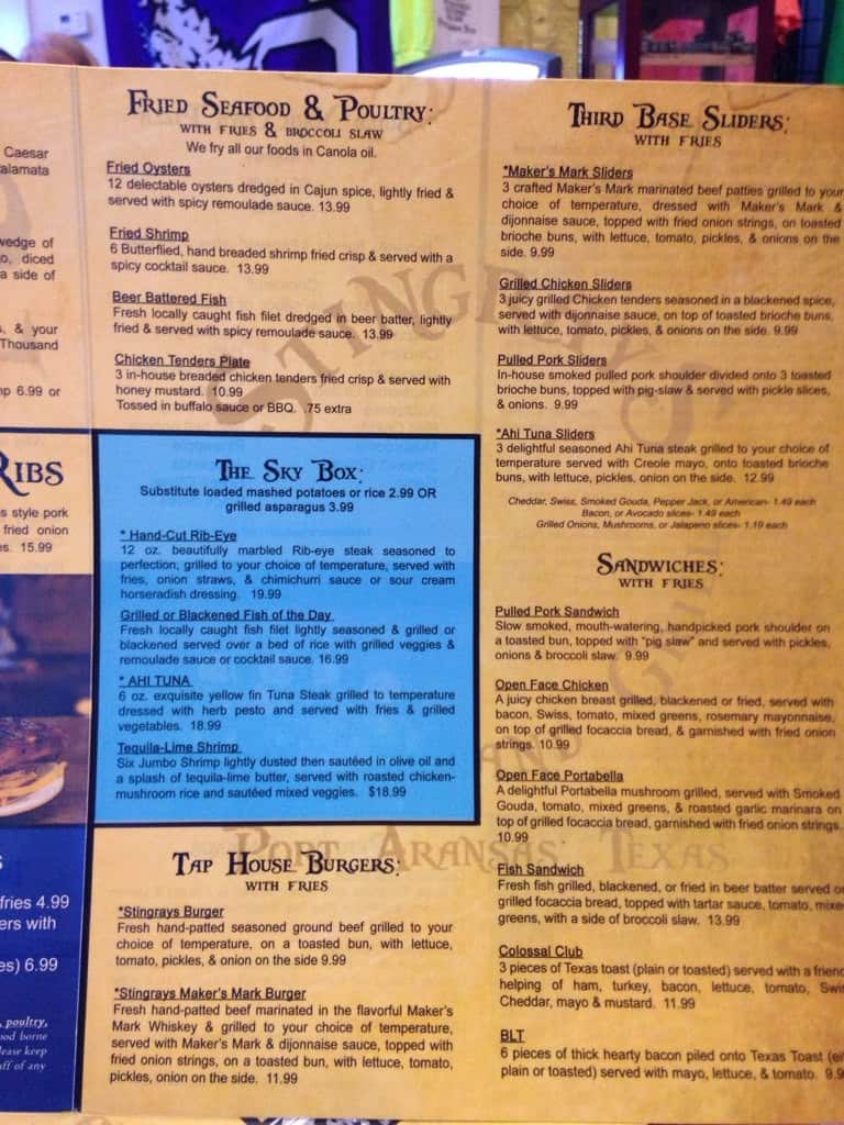 Menu at Stingrays Taphouse pub & bar, Port Aransas