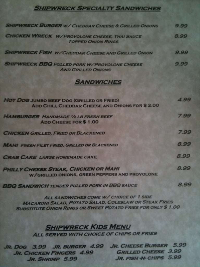 Menu at Shipwrecks Bar & Grill, Key Largo