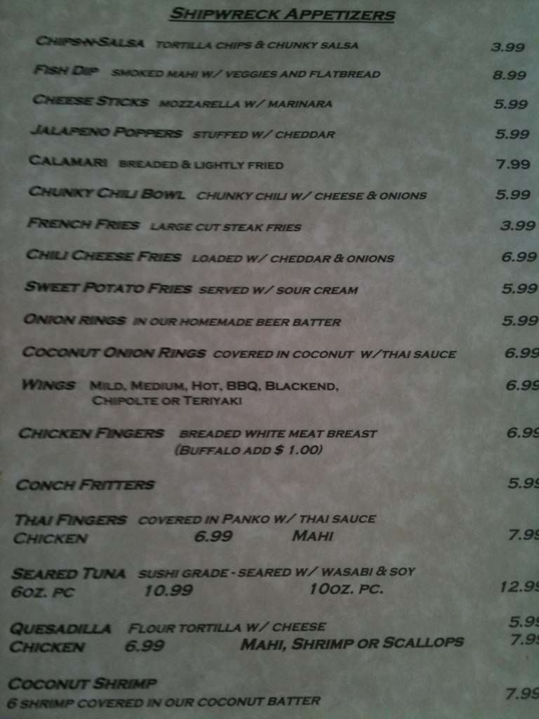 Menu at Shipwrecks Bar & Grill, Key Largo