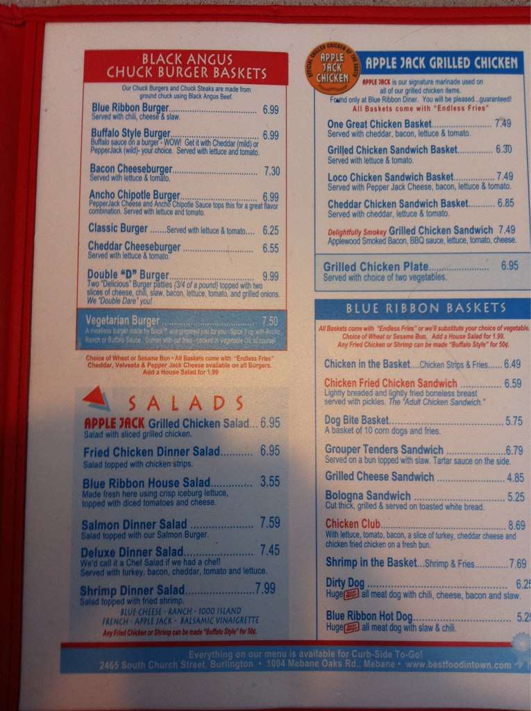 Menu at Blue Ribbon Diner restaurant, Burlington