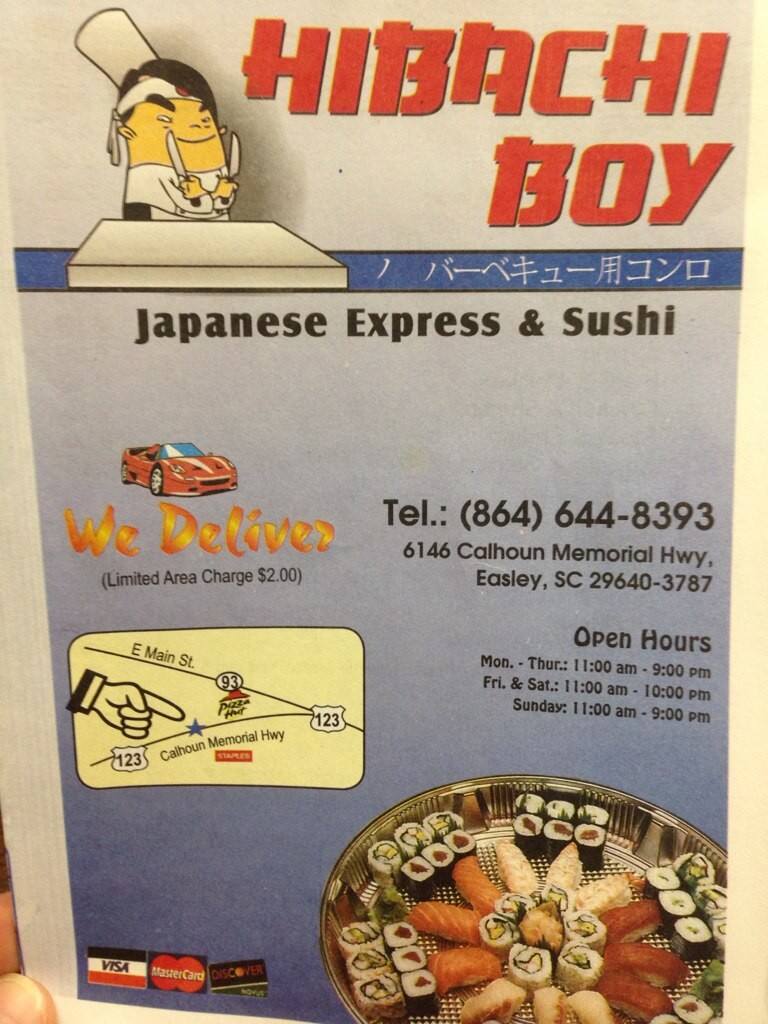 Menu at Hibachi Boy restaurant, Easley, Calhoun Memorial Hwy