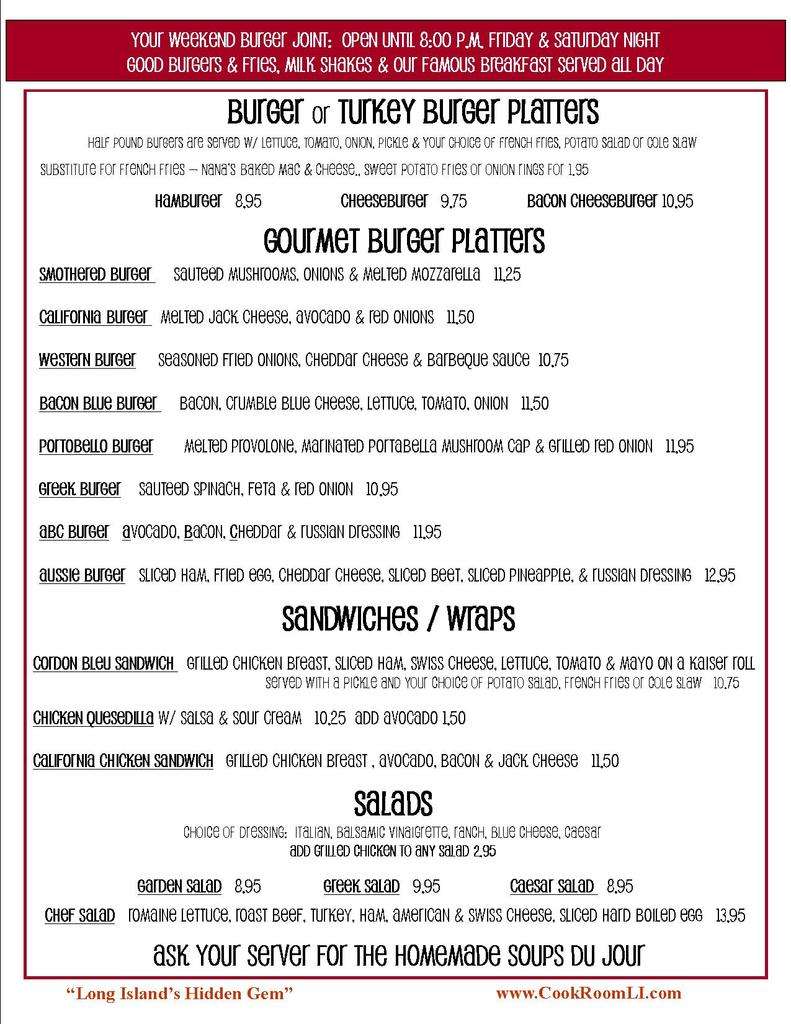 Menu at the Cook Room restaurant, Middle Island