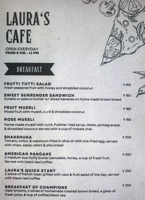 Menu of Laura's Cafe, Choti Basti, Pushkar