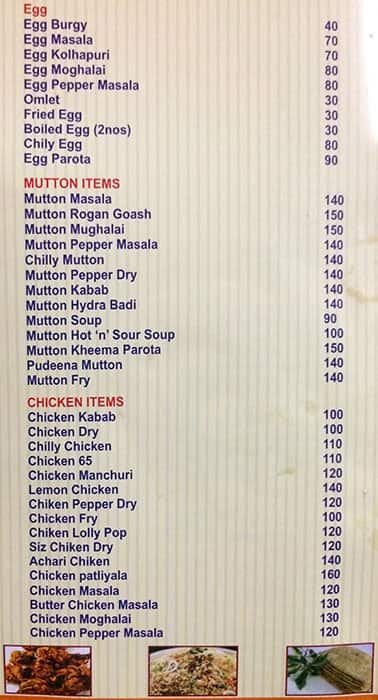 Menu of Hotel Regent, Mandi Mohalla, Mysore