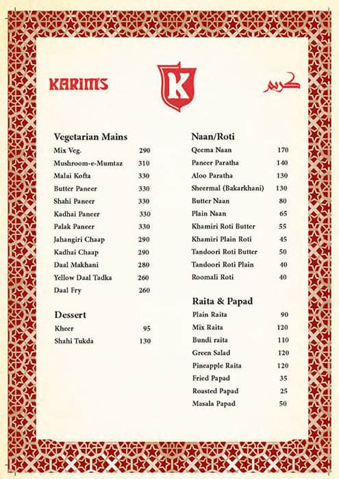 Menu at Karim's, Mumbai
