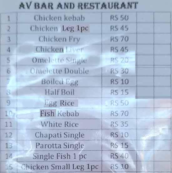 Menu of AV Bar And Restaurant, Bannerghatta Road, Bangalore