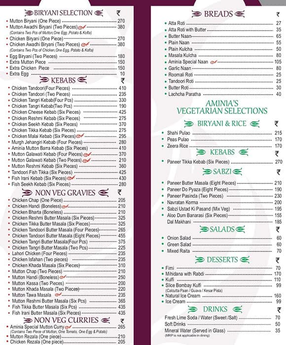 Menu at Aminia, Kolkata, 57