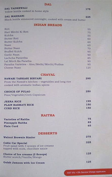 Menu at Cable Car, Bengaluru, Marenahalli Rd