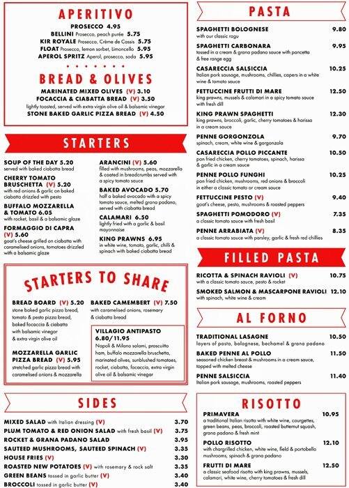 Menu at Villagio restaurant, London, 206-208 Hammersmith Rd