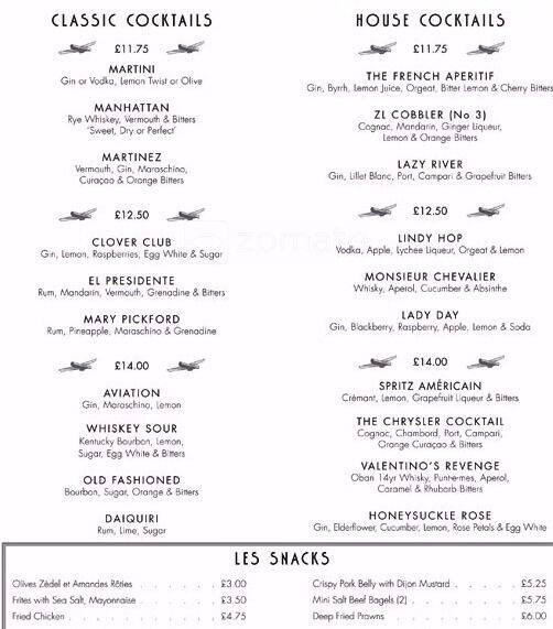 Menu at Bar Americain, London