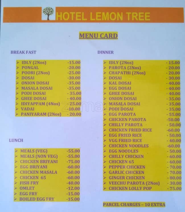 Menu at Lemon, Chennai
