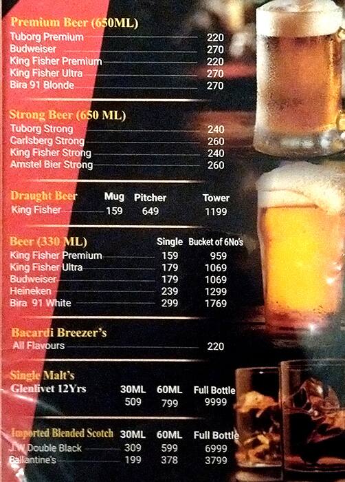 Menu of Bar One, Madhapur, Hyderabad