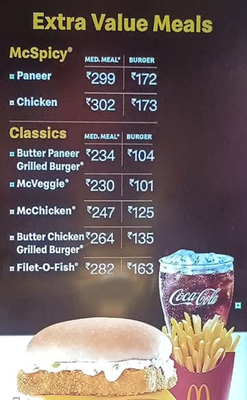 Menu of McDonald's, Elements Mall, Chitrakoot, Jaipur