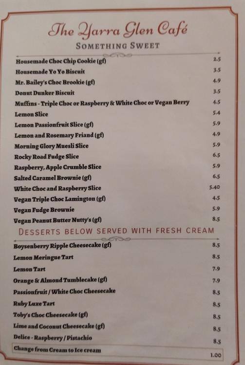 Menu at Yarra Glen Cafe, Yarra Glen