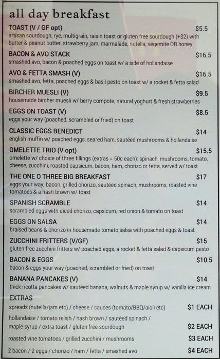 Menu at One O Three restaurant, Moonee Ponds