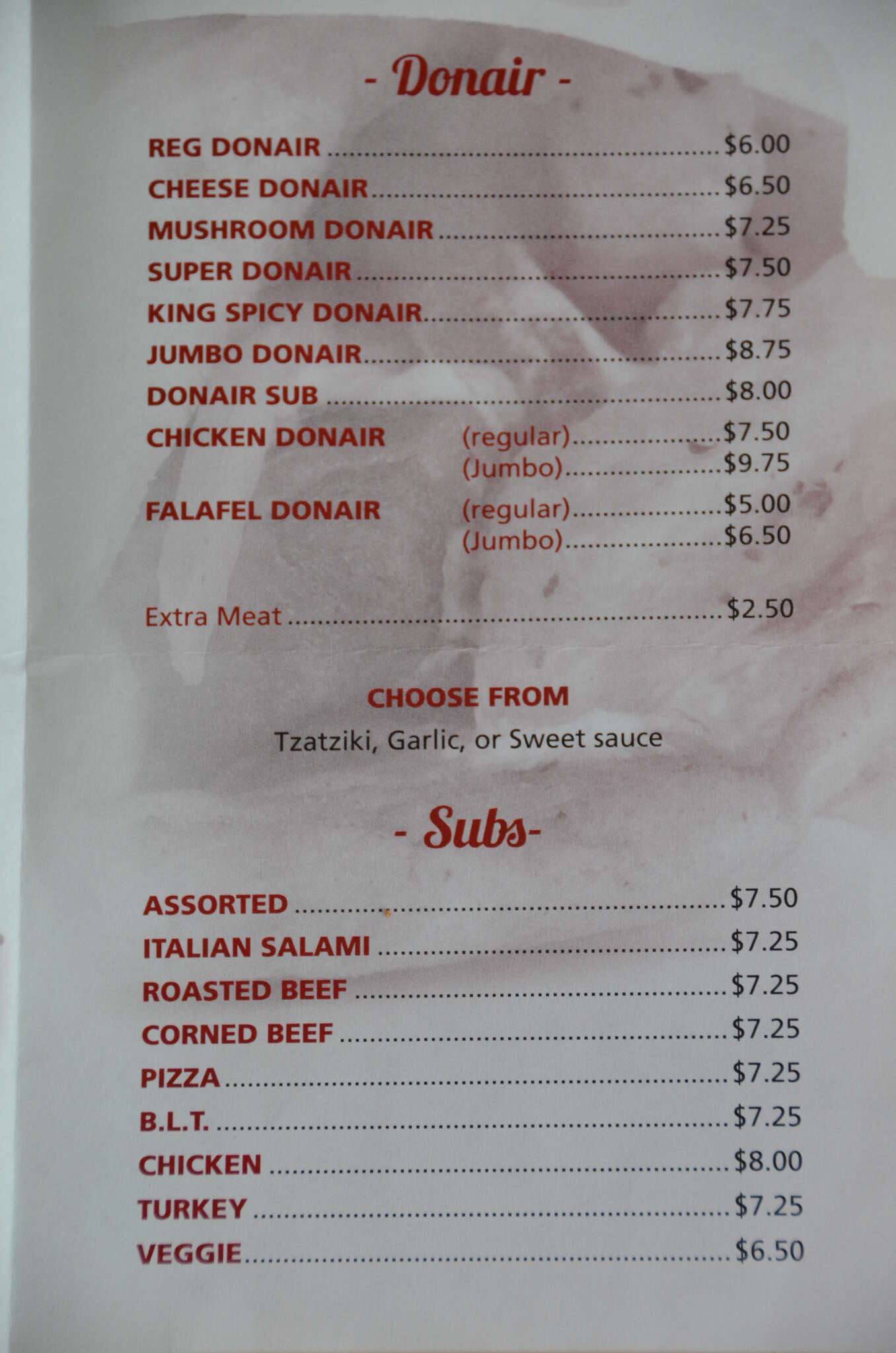 Menu at Amean pizzeria, Edmonton