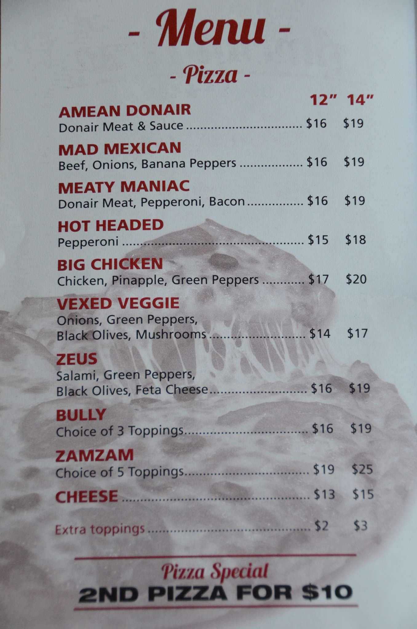 Menu at Amean pizzeria, Edmonton