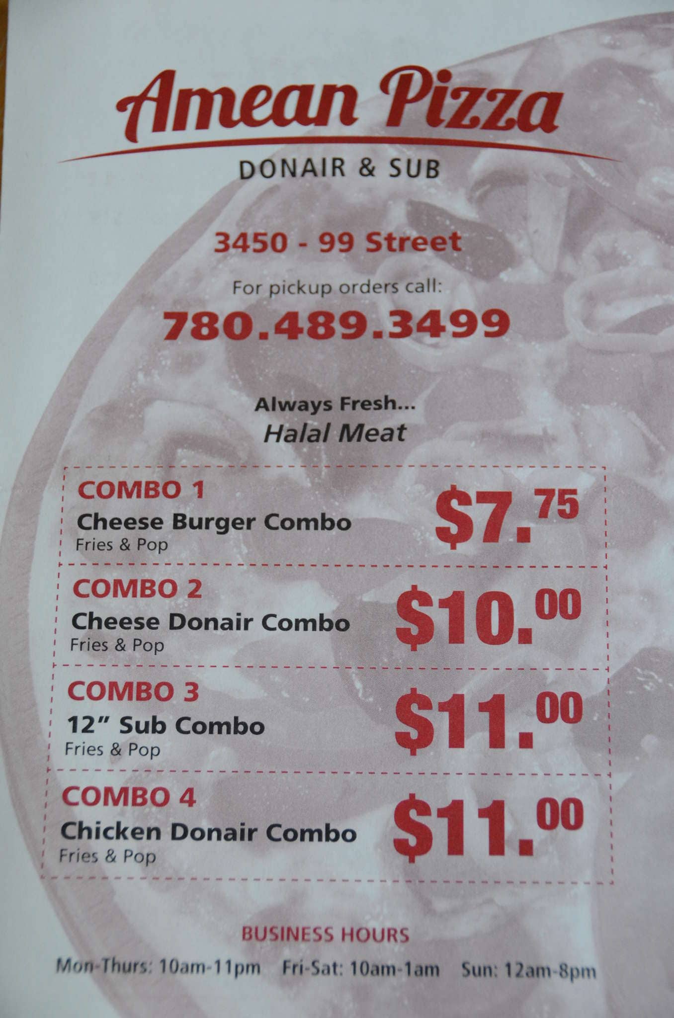 Menu at Amean pizzeria, Edmonton