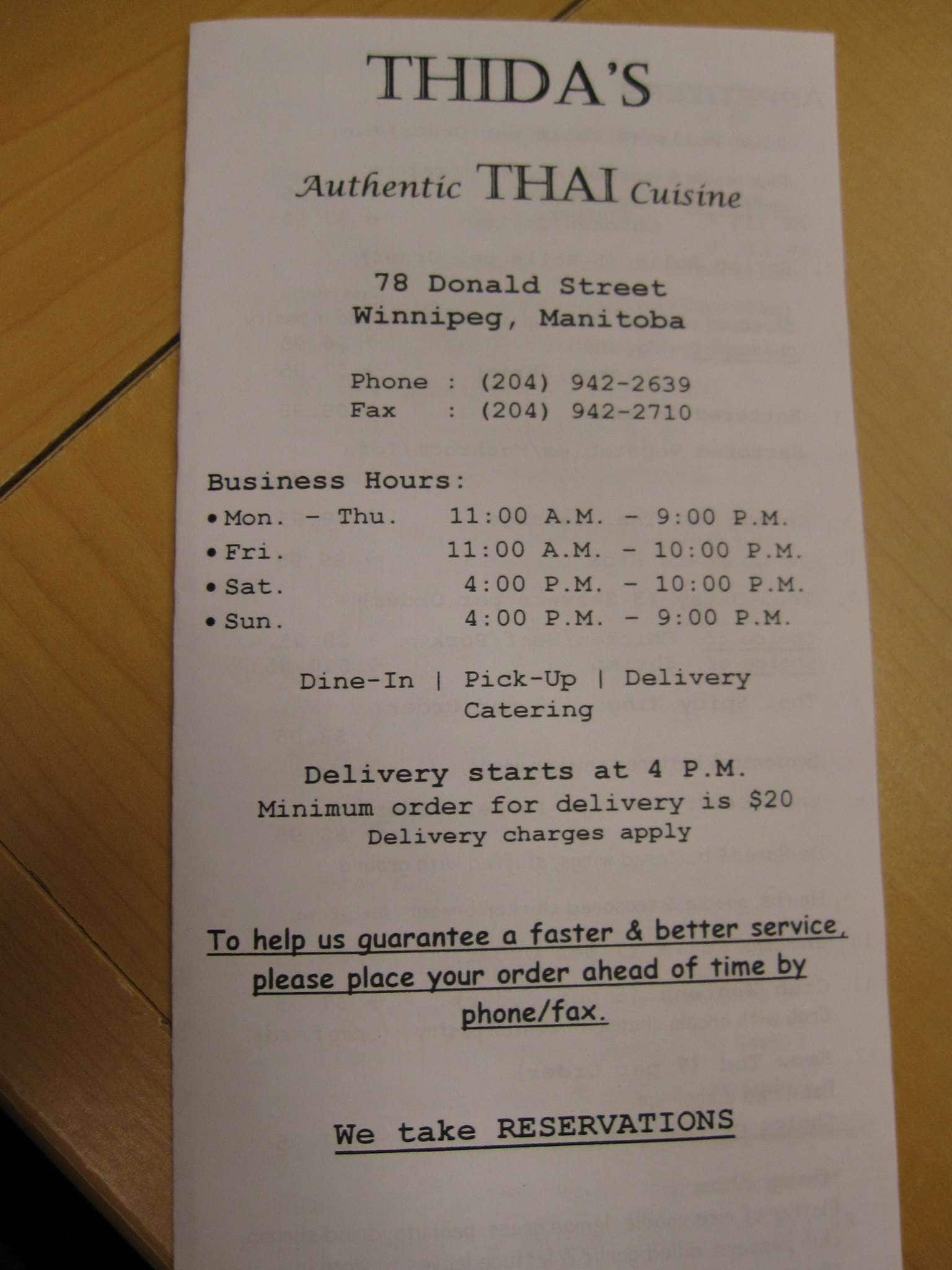 Menu at Thida's Thai restaurant, Winnipeg