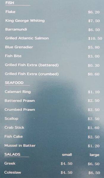 Menu at Shark Bite Fish 'n' Chippery restaurant, Lyndhurst