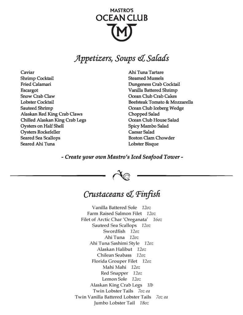Menu at Mastro's Ocean Club, Scottsdale