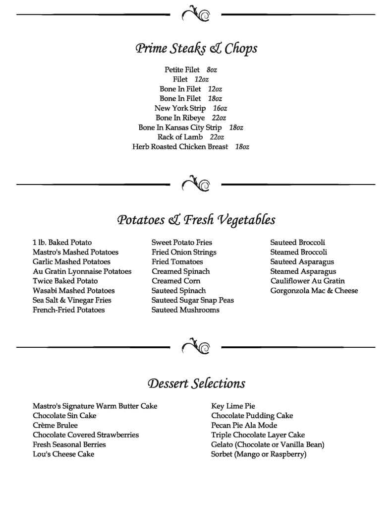 Menu at Mastro's Ocean Club, Scottsdale