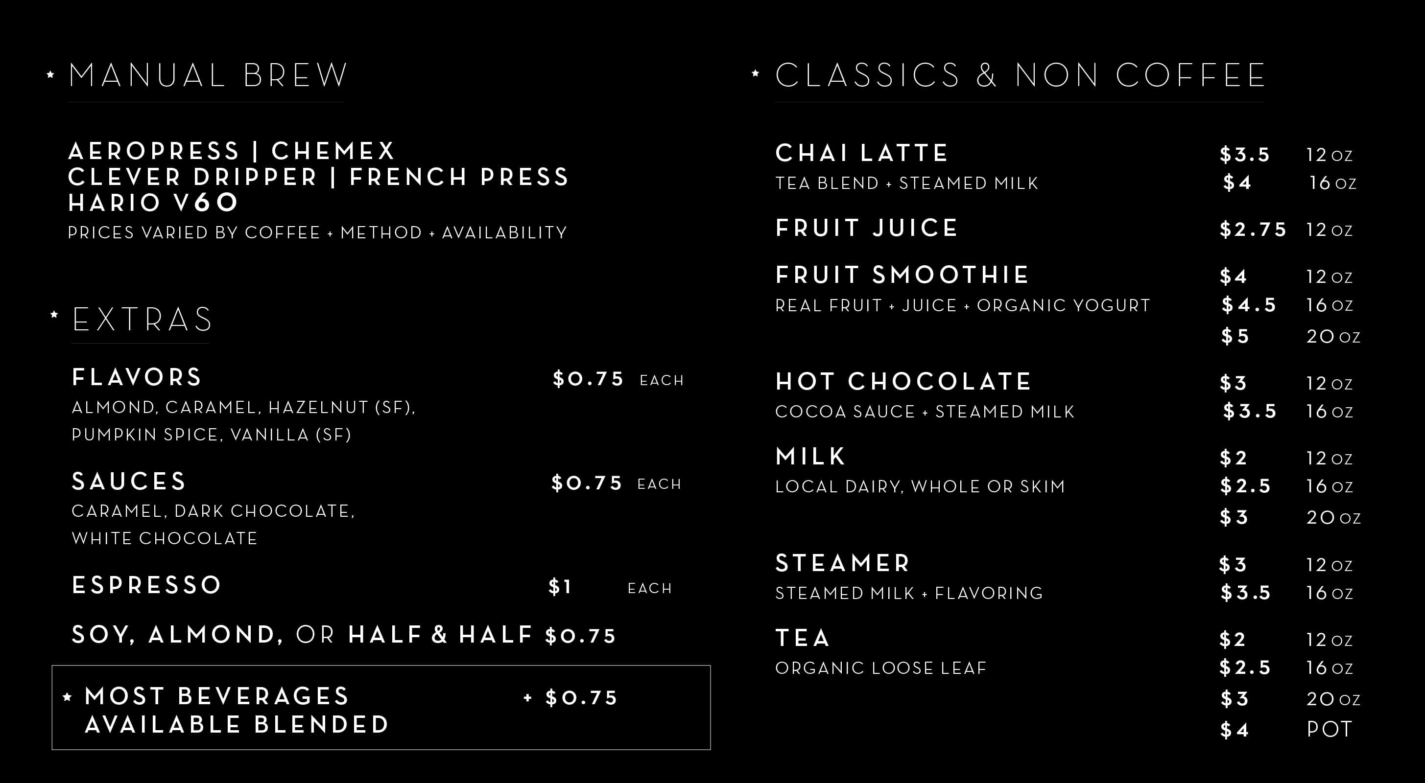 Menu at BLOC Coffee Company cafe, Cincinnati