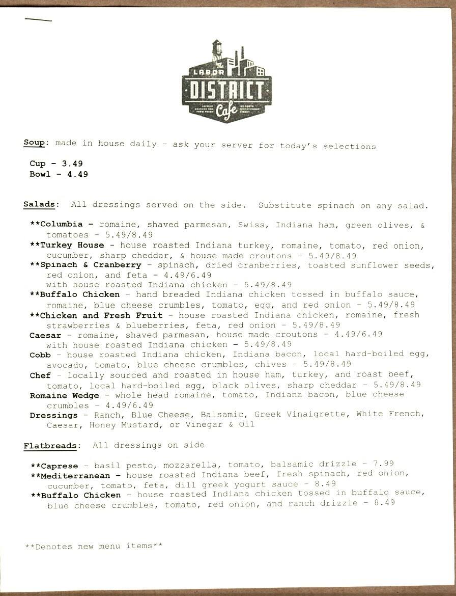 Menu at Labor District Cafe, Indianapolis, 135 N Pennsylvania St