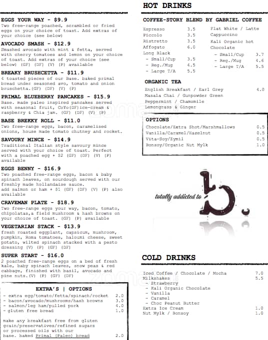 Menu at Base Coffee Kitchen Bar, Benowa, 38/203 Ashmore Rd