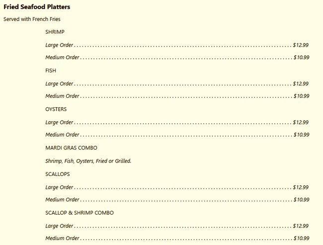 Menu at Dirty Al's restaurant, Brownsville