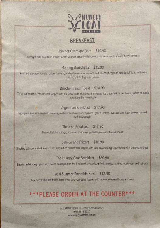 Hungry Goat Cafe Menu, Menu for Hungry Goat Cafe, Marrickville, Sydney ...