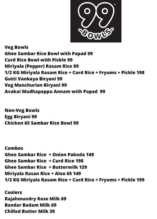 Menu of 99 Bowls, Gandipet, Hyderabad