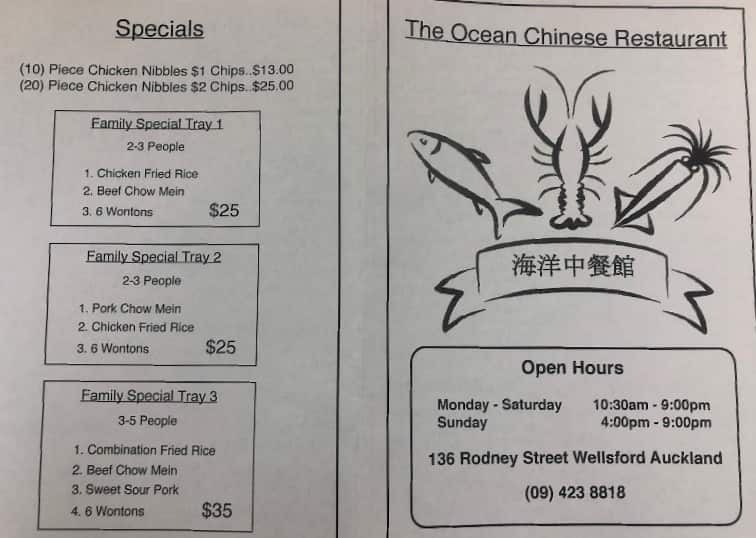 Menu at The Ocean Chinese Restaurant, Wellsford