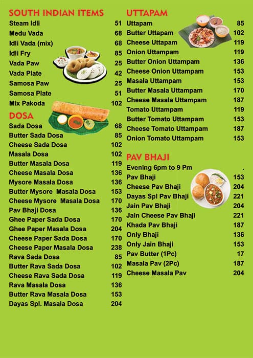 Menu of Daya Sagar Veg Restaurant & Party Hall, Mira Road, Mumbai