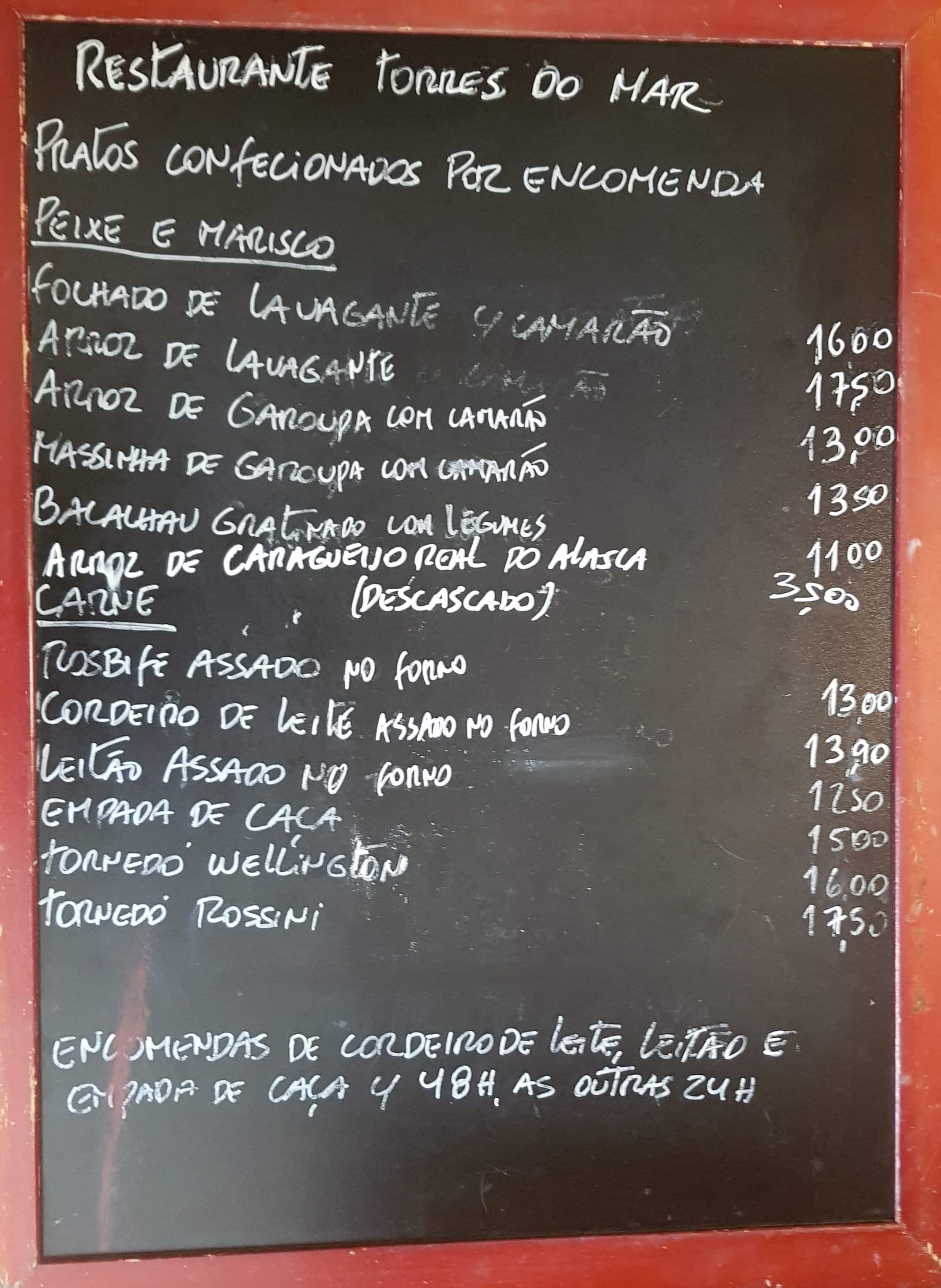 Menu at Torres do Mar restaurant, Estoril