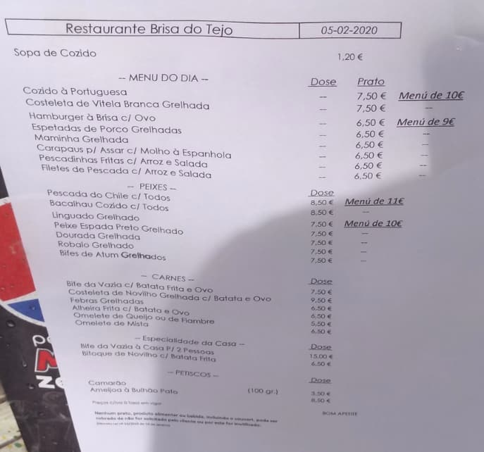 Menu at Brisa do Tejo cafe, Lisbon, R. Manhiça 466