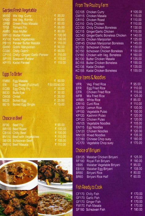 Menu at Royal Park, Kochi