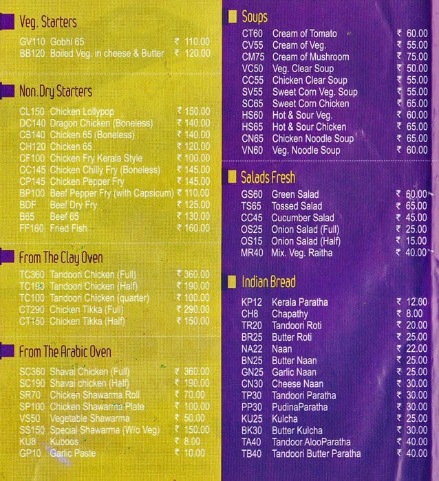 Menu at Royal Park, Kochi