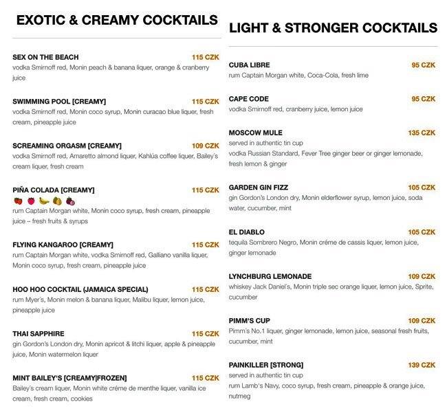 Menu at ALIBI. cocktail&music bar Praha, Prague