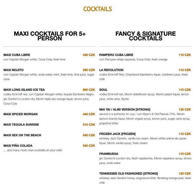 Menu at ALIBI. cocktail&music bar Praha, Prague