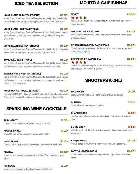 Menu at ALIBI. cocktail&music bar Praha, Prague